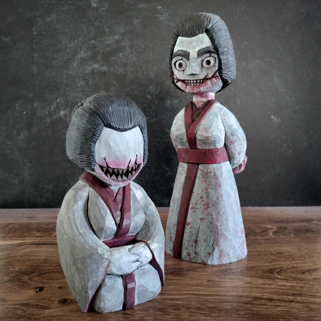 Ohaguro-bettari & Kuchisake-onna Yokai Woodcarvings, Handcarved ...