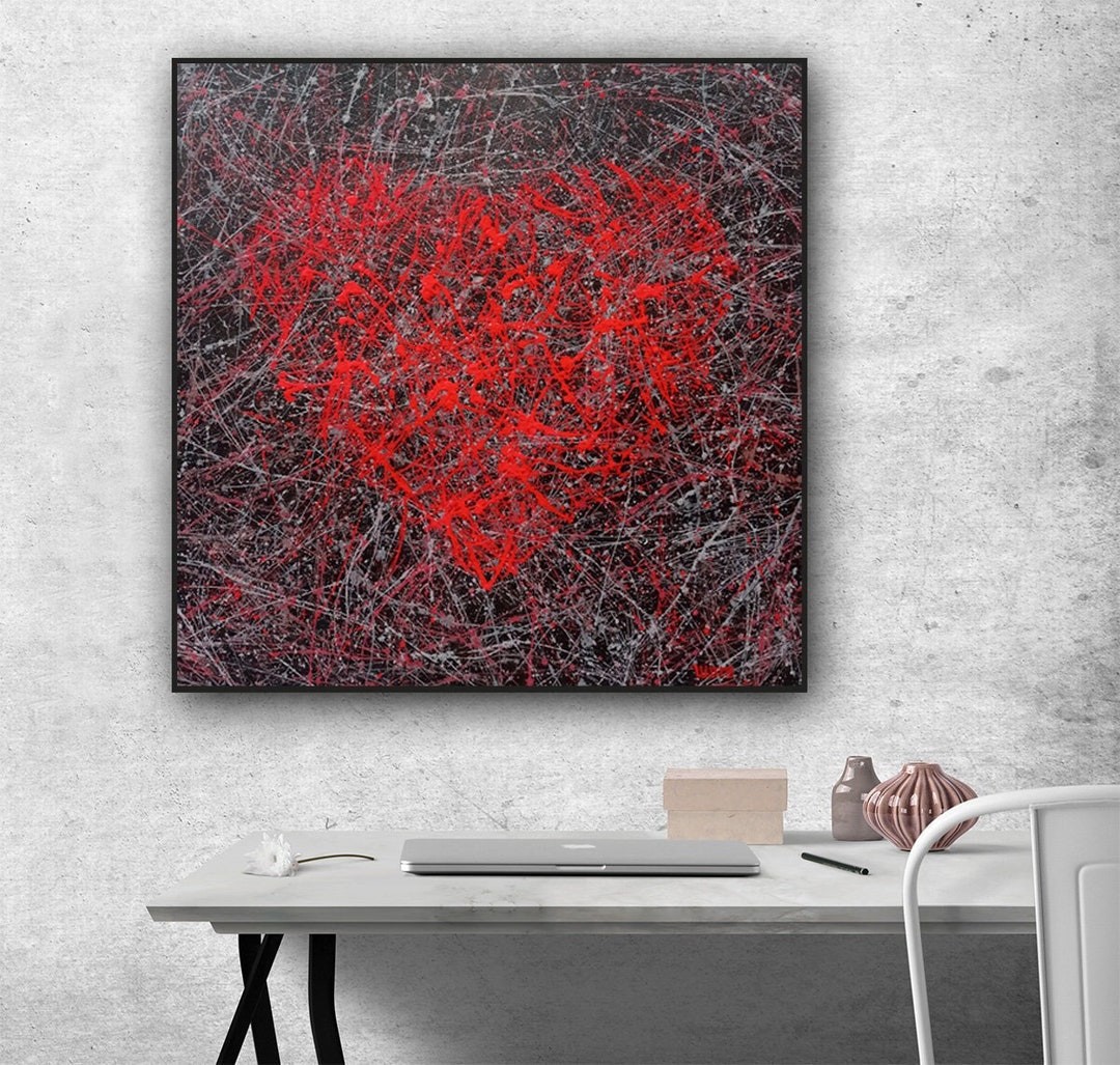 Red Heart Love Large Abstract Original Painting, Pollock Style, Modern ...