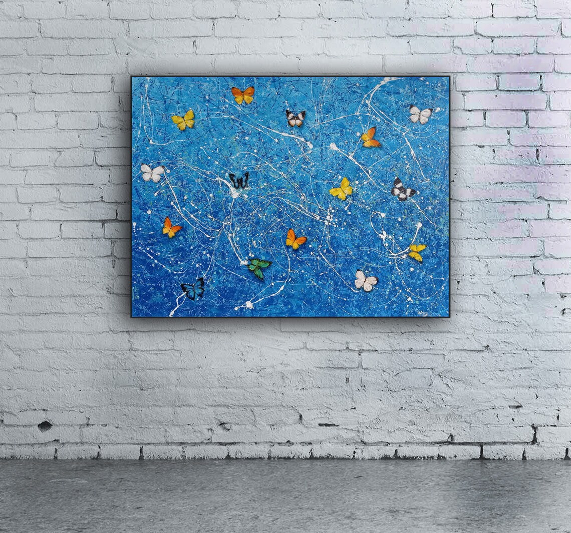 Colorful Butterflies on Blue Abstract Jackson Pollock Style - Etsy