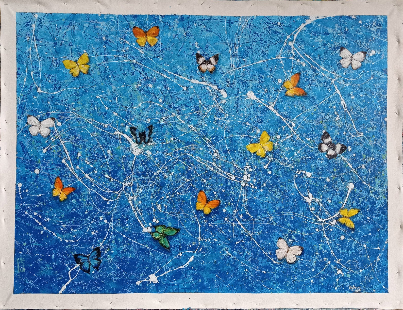 Colorful Butterflies on Blue Abstract Jackson Pollock Style - Etsy