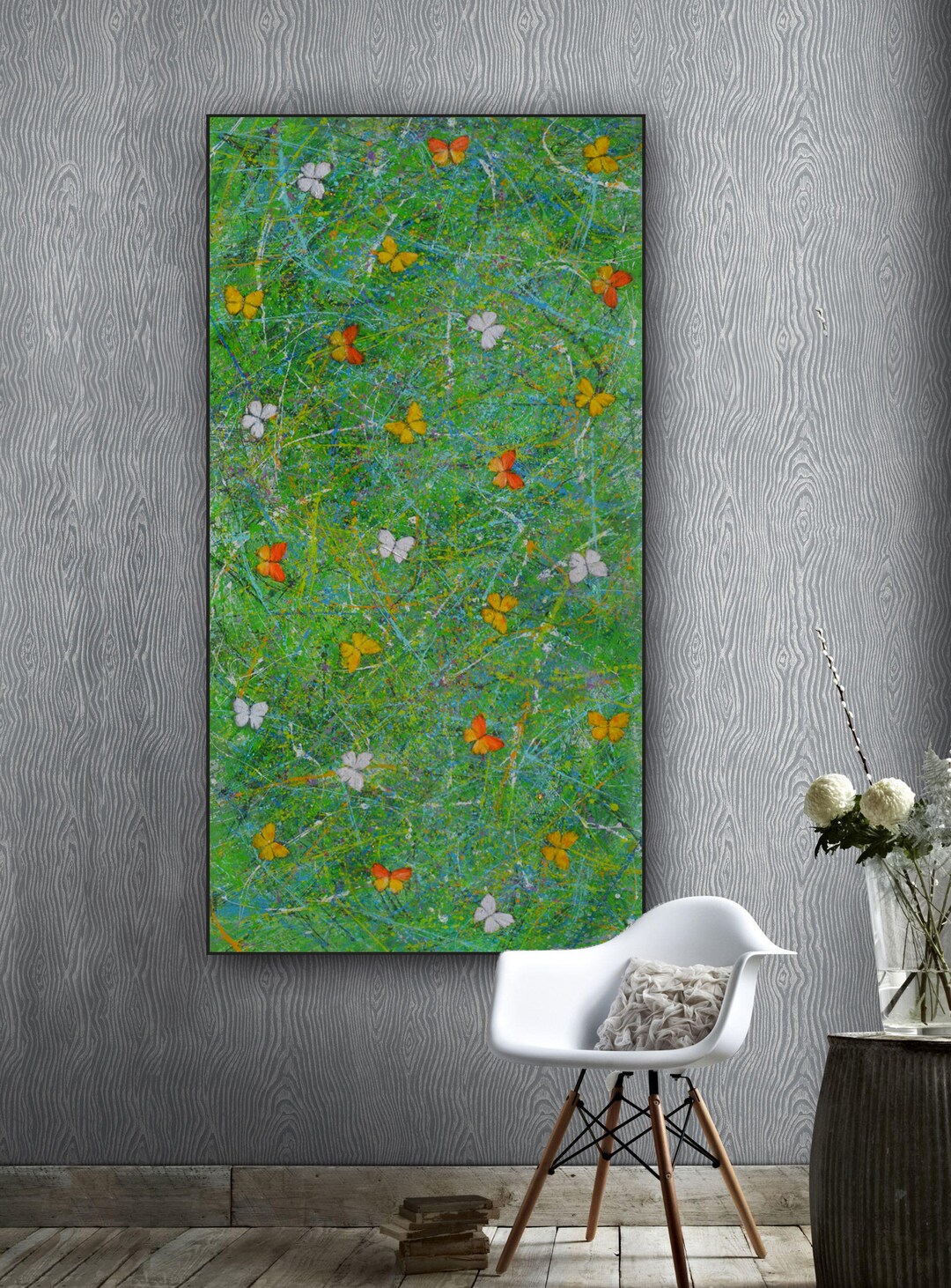 72x36 Vertical Green Abstract Pollock Style Colorful Butterfly Canvas ...