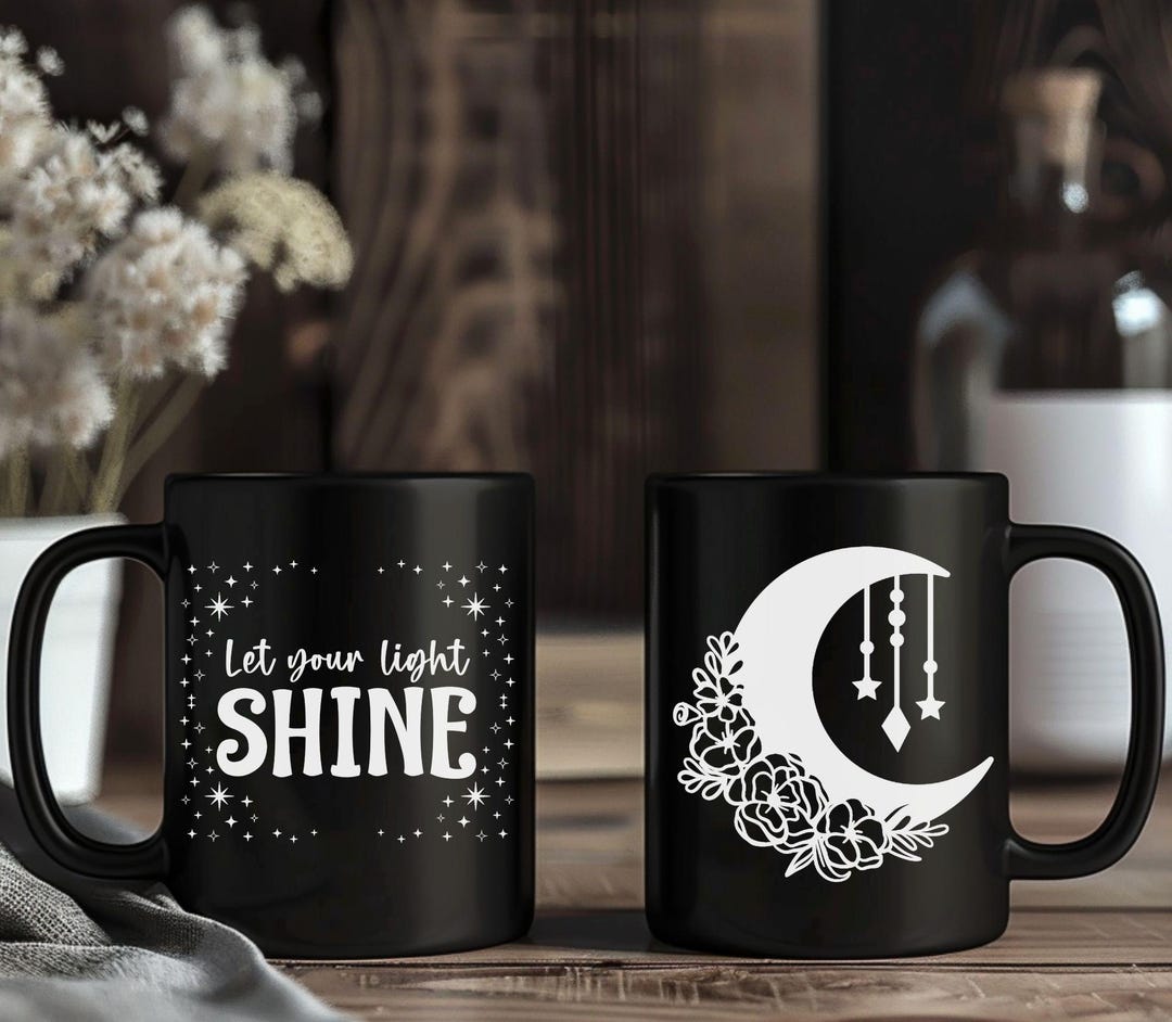 Lunar Quote Coffee Mug Black Spiritual Let Your Light Shine Moon Mug ...