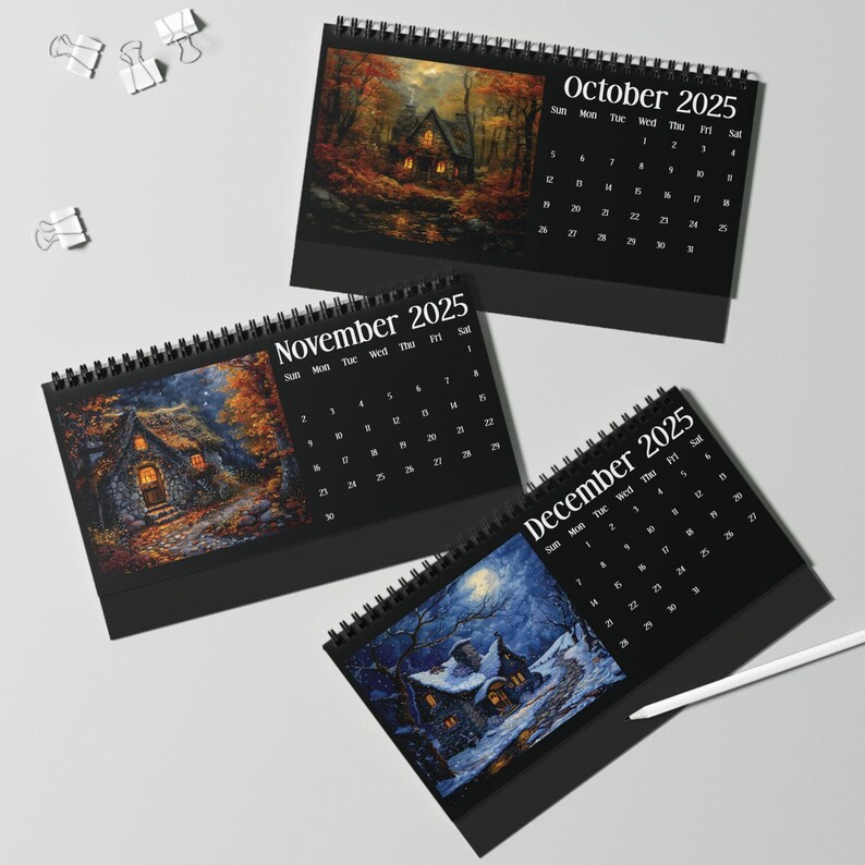2025 Wall Calendar Fantasy Cottage Themed Black Desktop Calendar - Etsy