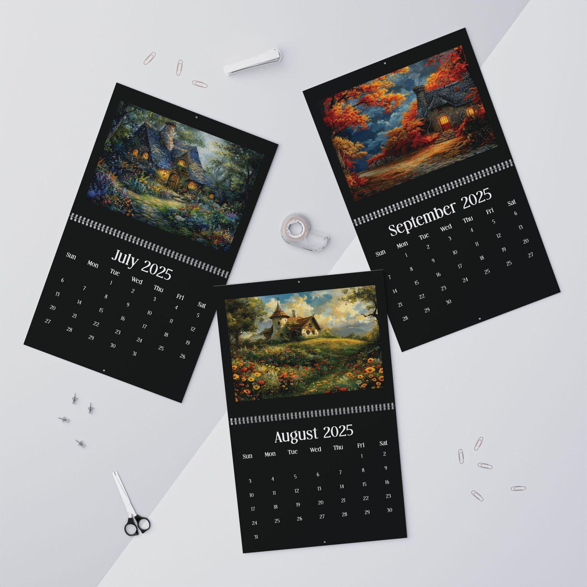 2025 Wall Calendar Fantasy Cottage Themed Black Desktop Calendar - Etsy