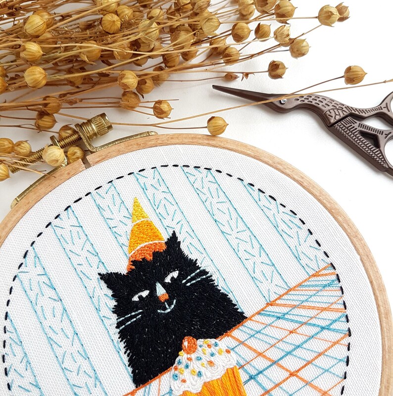 PDF PATTERN Birthday Cat Hand Embroidery, Happy Cat and Birthday Cake ...