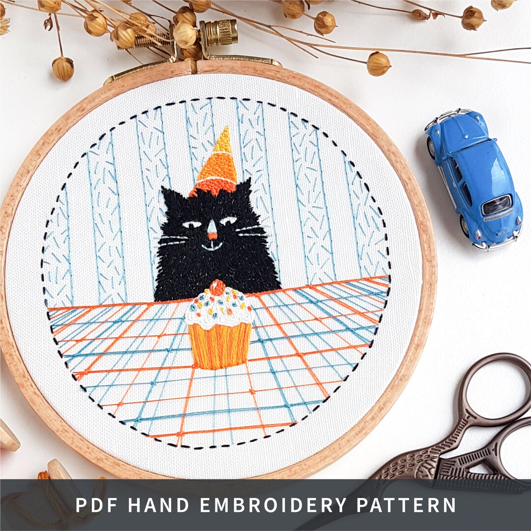 PDF PATTERN Birthday Cat Hand Embroidery, Happy Cat and Birthday Cake ...