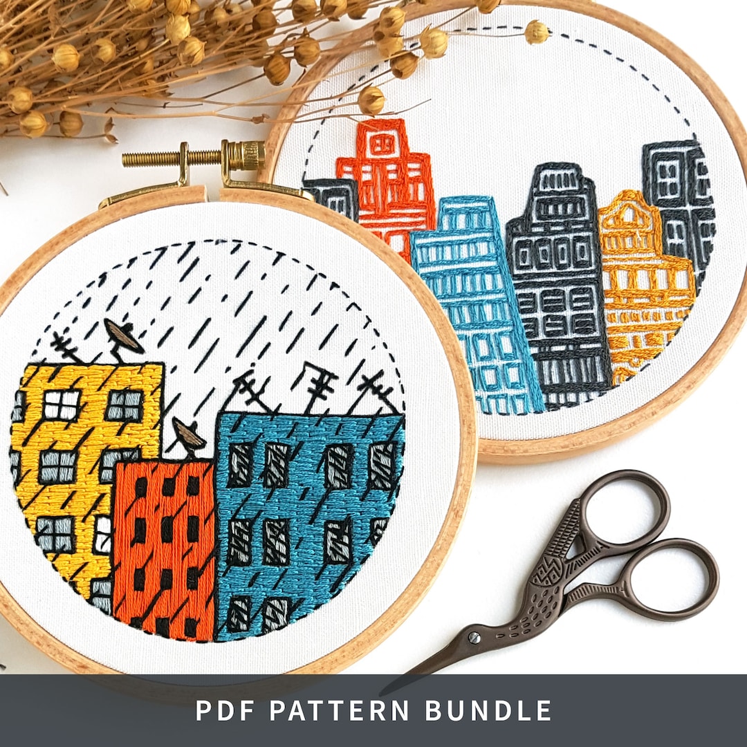 Two Cities Hand Embroidery PATTERN Bundle, 2 X Designs, Retro City ...