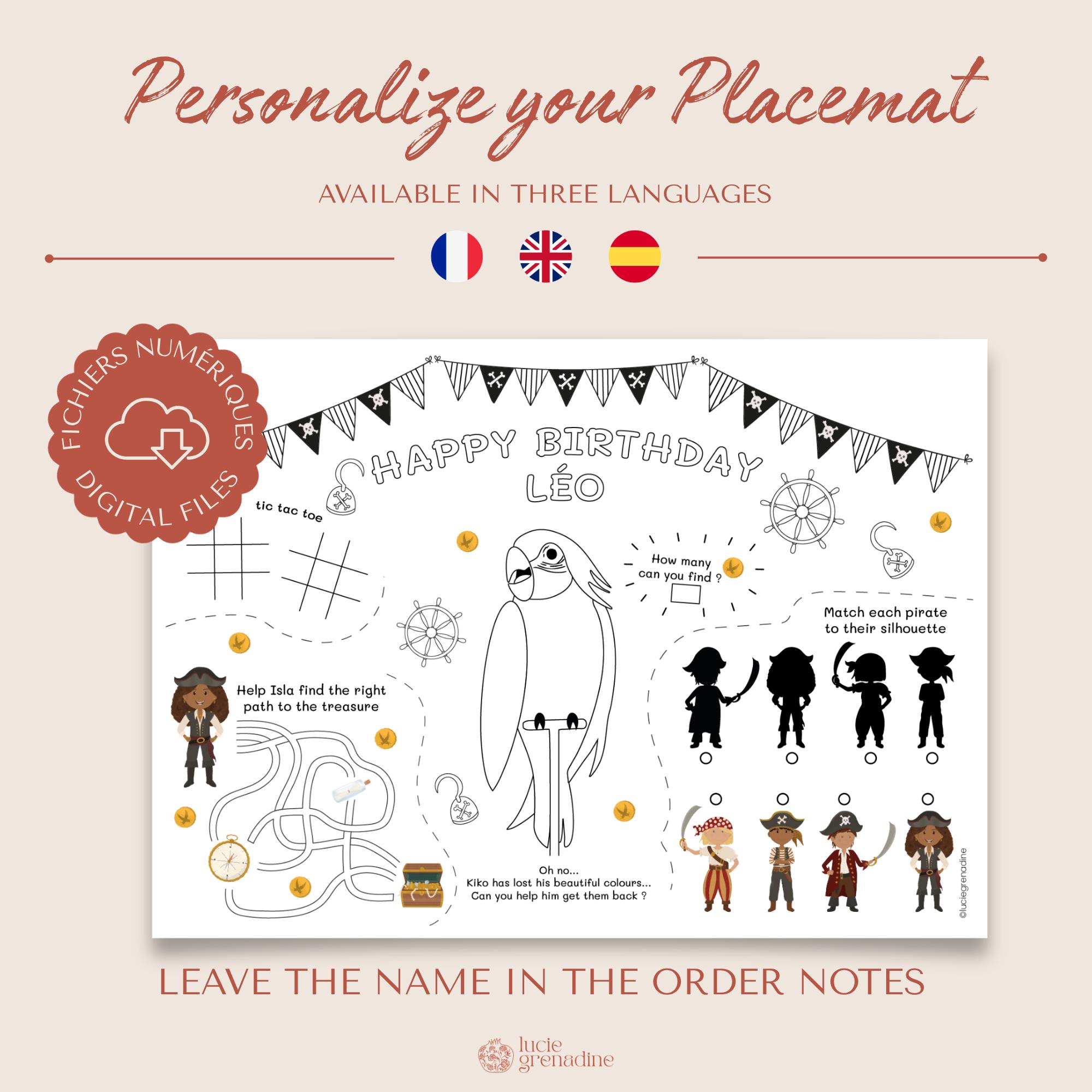 Personalized Coloring Placemat | Pirates Birthday | Printable Children ...