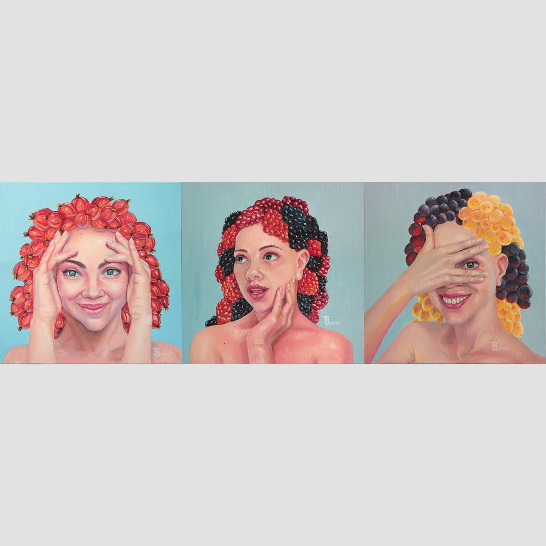 Three Oil Paintings "gooseberry", "blackberry" and "grape" With ...