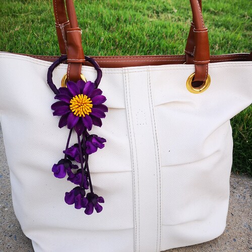 Purple Leather Flower Leather Purse Charm Keychain Leather | Etsy