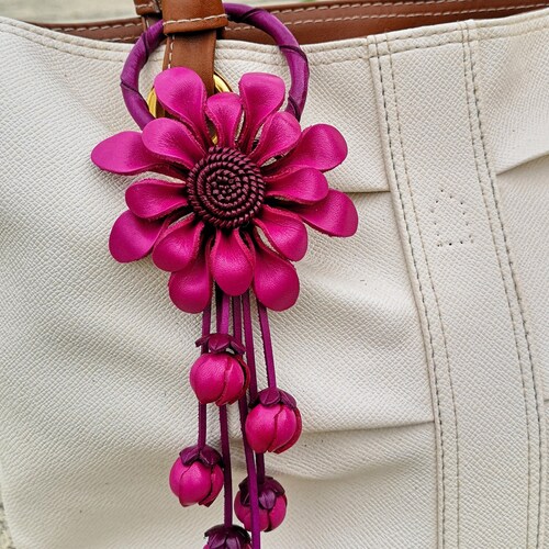 Purple Leather Flower Leather Purse Charm Keychain Leather | Etsy
