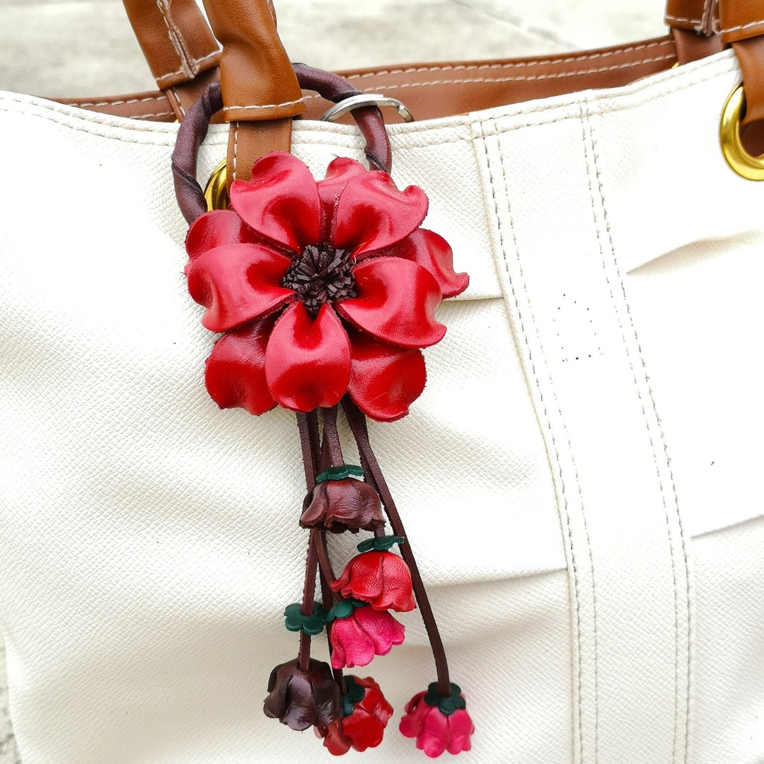 Red Leather Flower, Leather Flower Keychain Bags Charm Safety Snap - Etsy