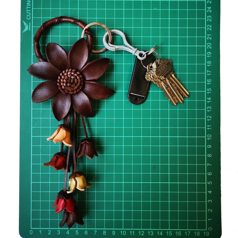 Dark Brown Leather Flower, Leather Purse Charm, Keychain Leather ...