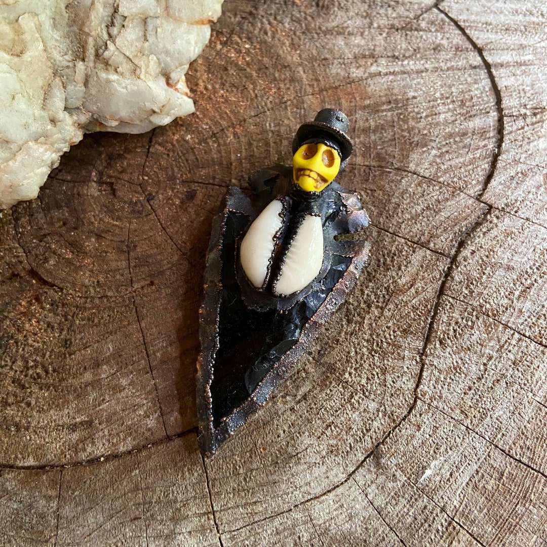 Copper and Obsidian Arrowhead Baron Samedi Pendant With Cowrie Shell ...