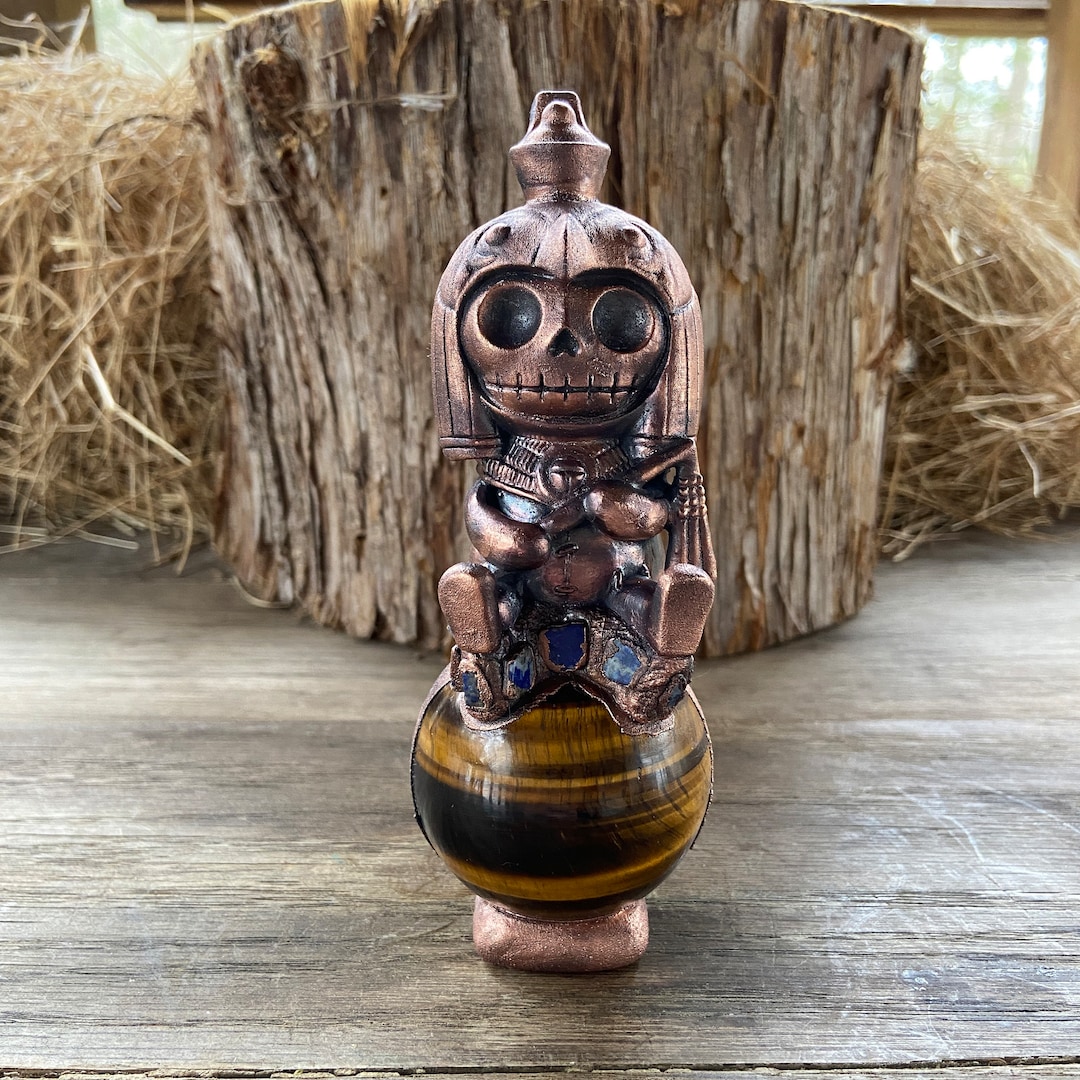 Copper Skeleton Egyptian Horus Figurine on Large Tigers Eye Sphere With ...