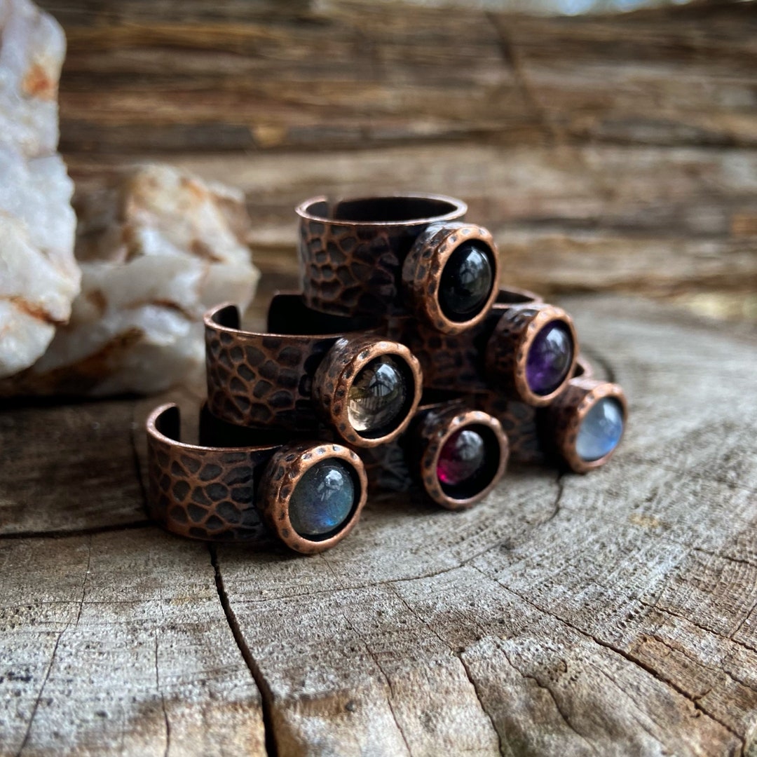 Hammered Copper Adjustable Ring With Choice of Stone Rainbow Moonstone ...