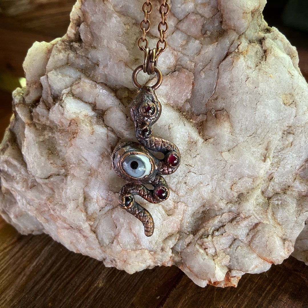 Copper Evil Eye Snake With Garnets and Antique Porcelain Eye - Etsy