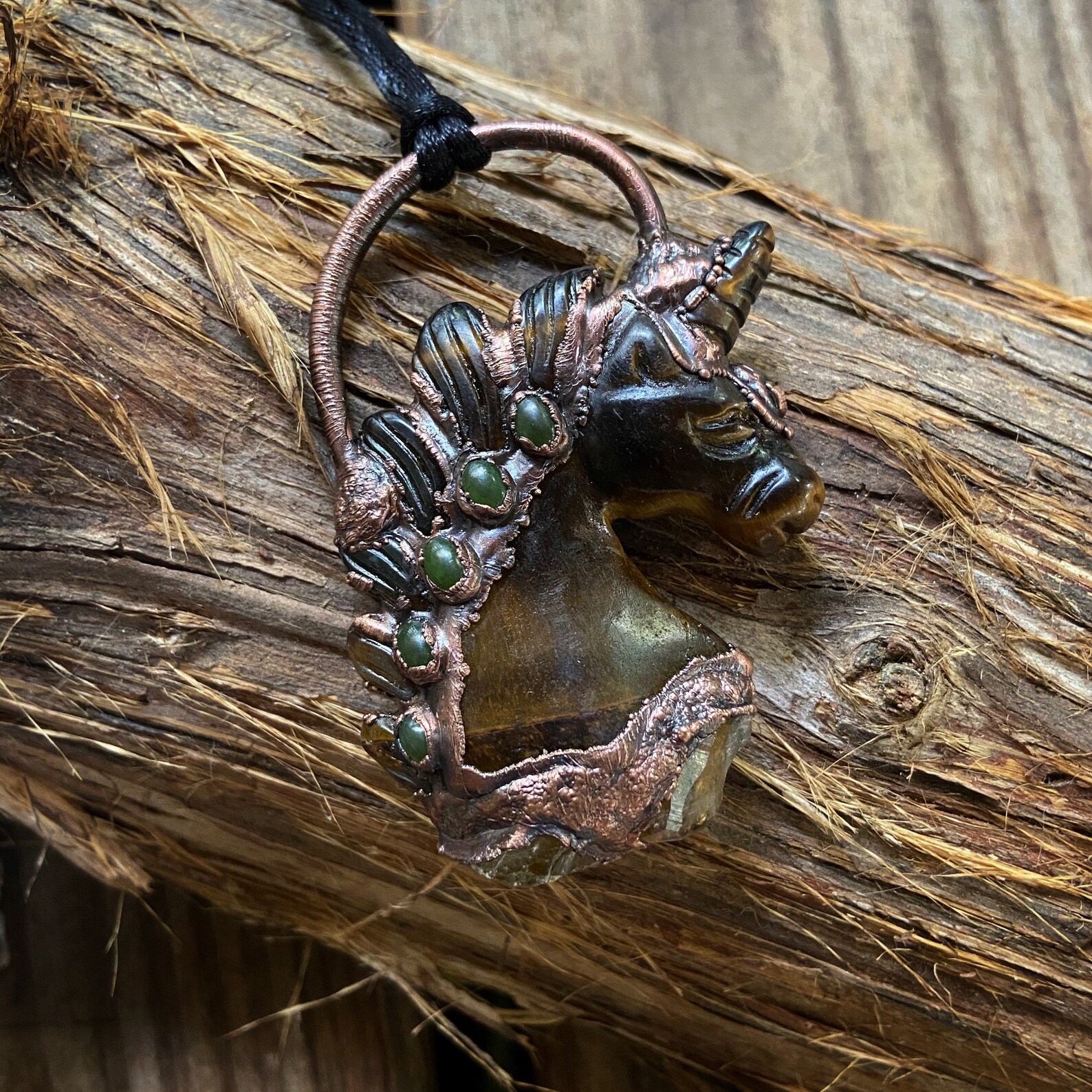 Copper Electroformed Tigers Eye and Jade Unicorn With Citrine | Etsy