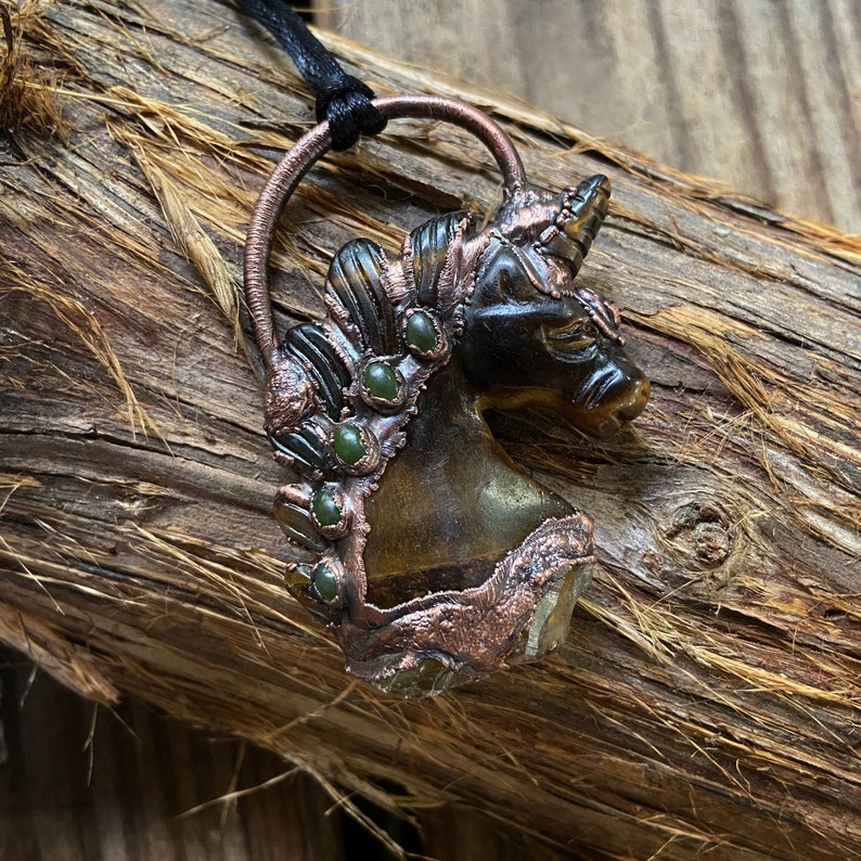 Copper Electroformed Tigers Eye and Jade Unicorn With Citrine | Etsy