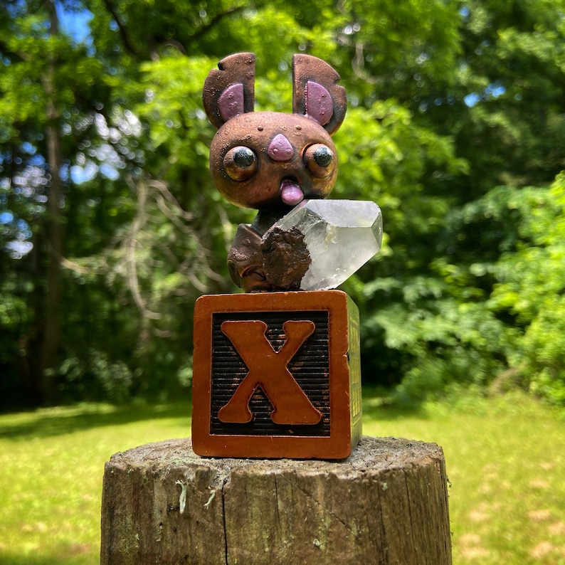 Copper Crazy Batty Bat With Quartz Crystal on Wooden Block - Etsy