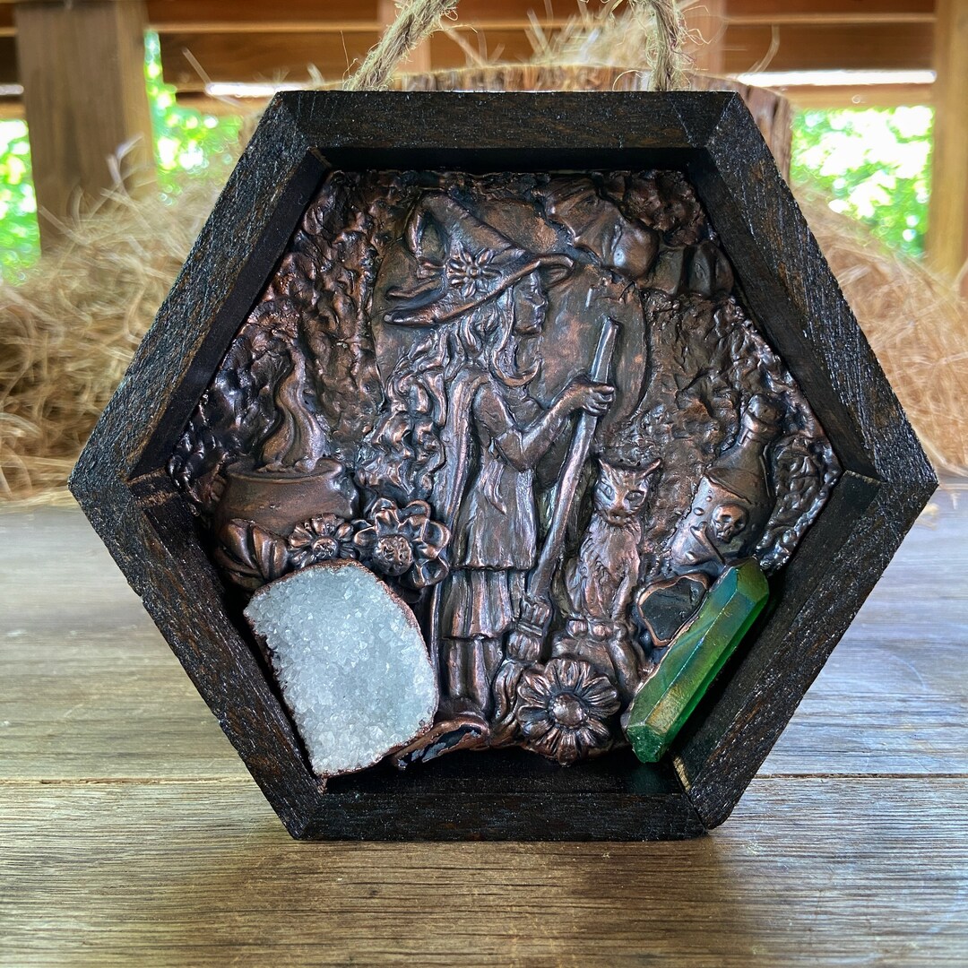 Copper Witch Plaque in Wooden Frame With Druzy and Aura Quartz Wall ...