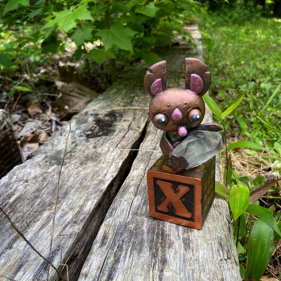 Copper Crazy Batty Bat With Quartz Crystal on Wooden Block - Etsy