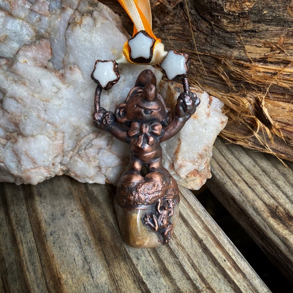 Copper Electroformed Smurf on Agate With White Jade Stars and - Etsy