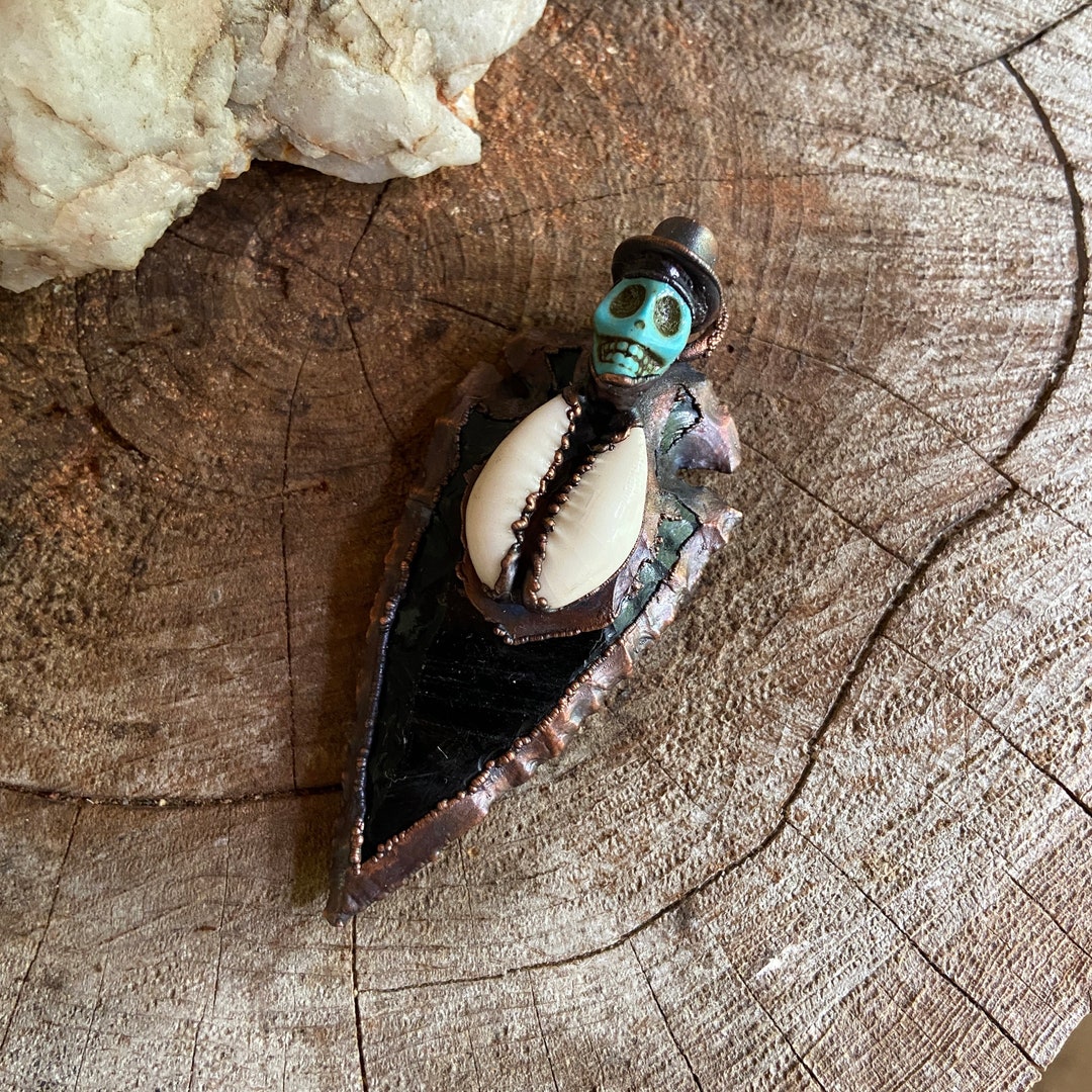 Copper and Obsidian Arrowhead Baron Samedi Pendant With Cowrie Shell ...
