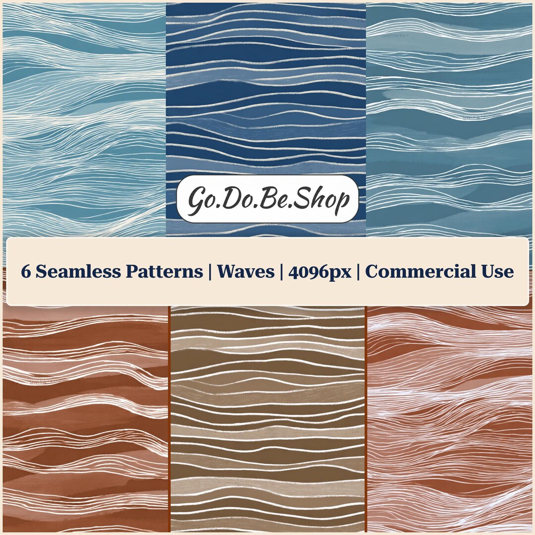 6 Watercolor Waves Seamless Patterns, Blue and Brown Ocean Digital ...