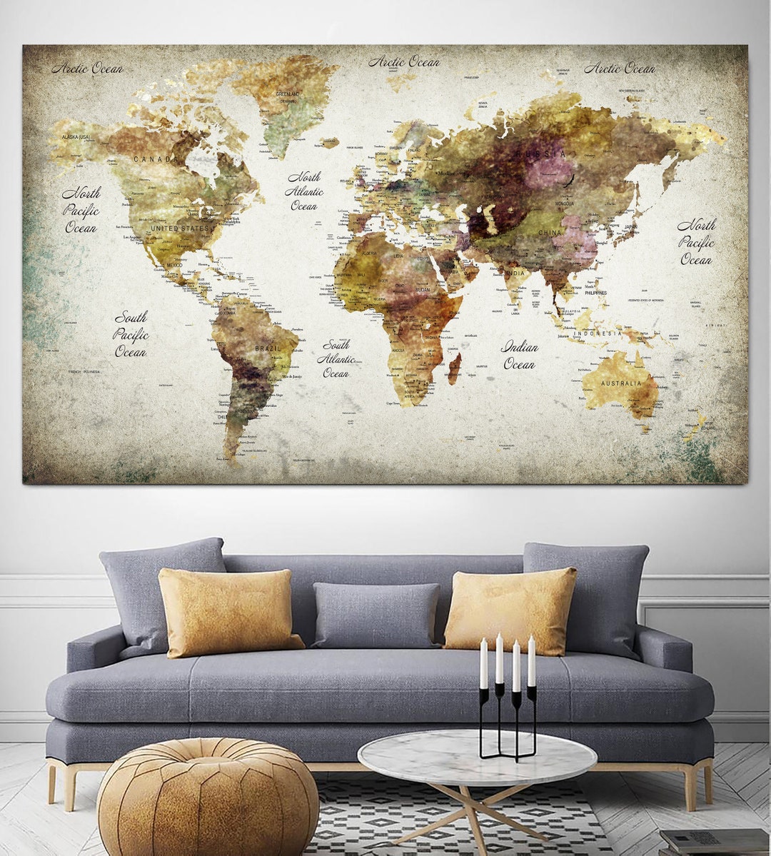 Pastel World Map Canvas Art Educational Detailed Multi-panel Print ...