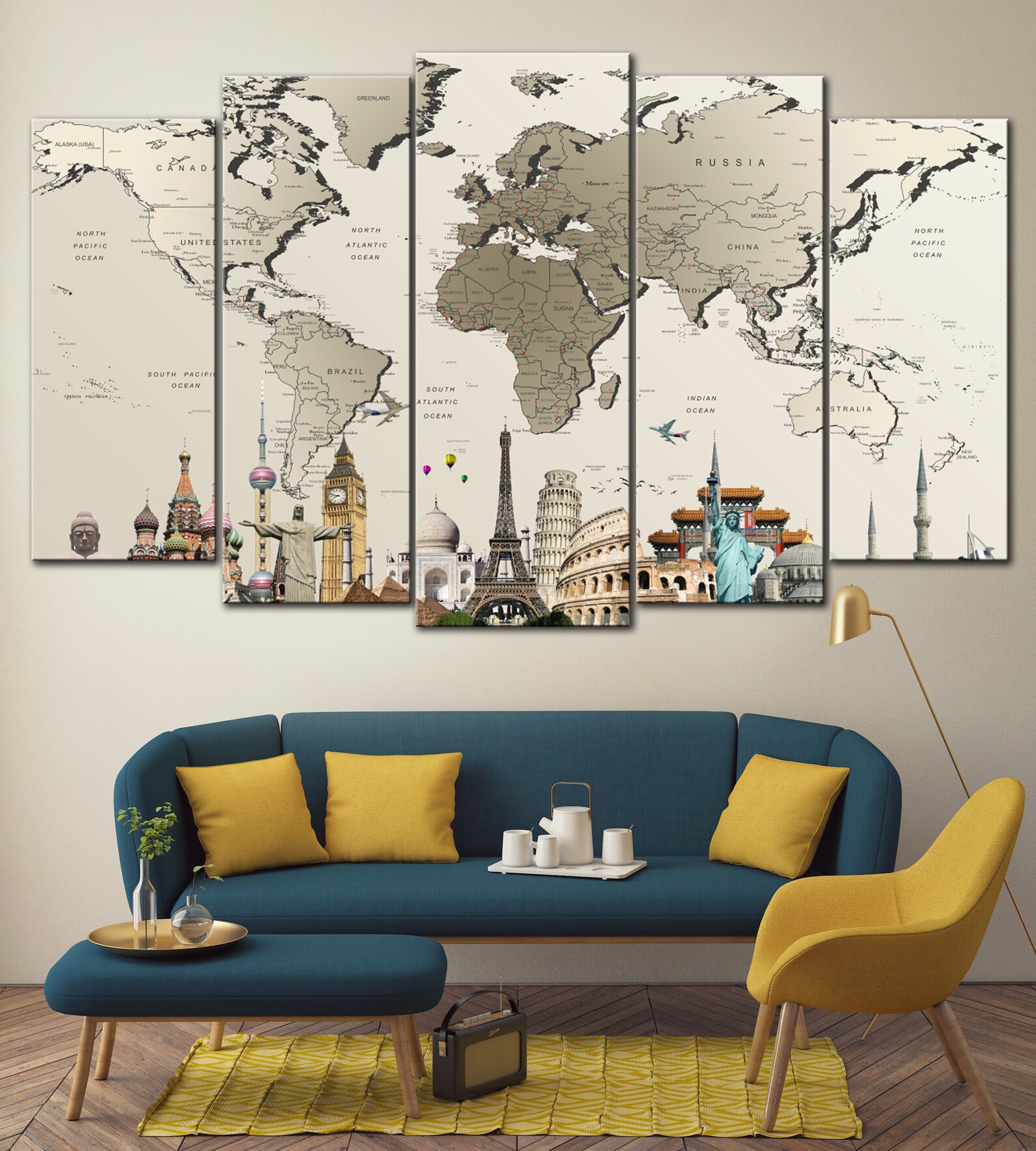 Multi Panel World Map Wall Art Decor Silver World Map Print | Etsy