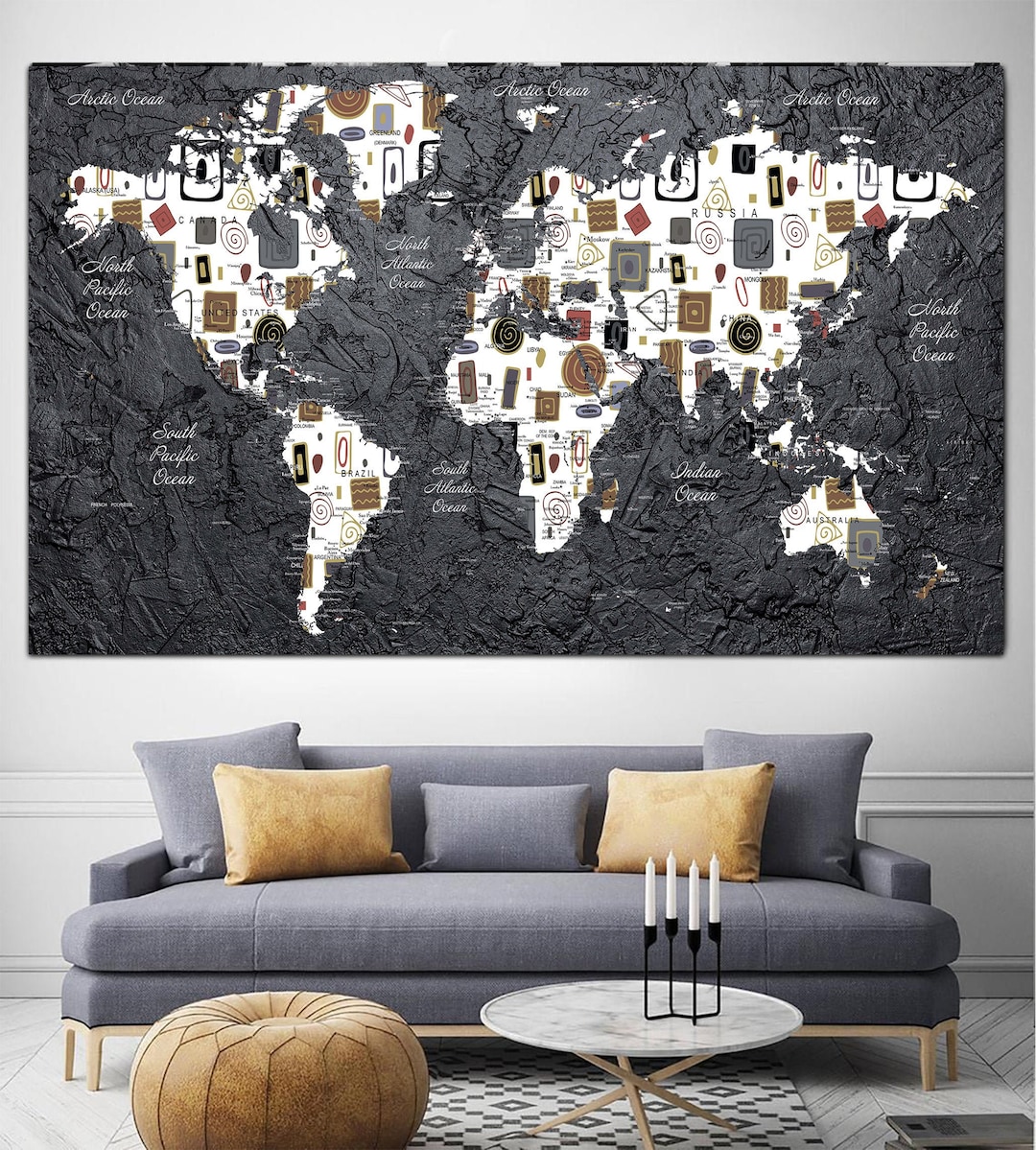 Large Grey World Map Print on Canvas Map of the World Multi Panel ...