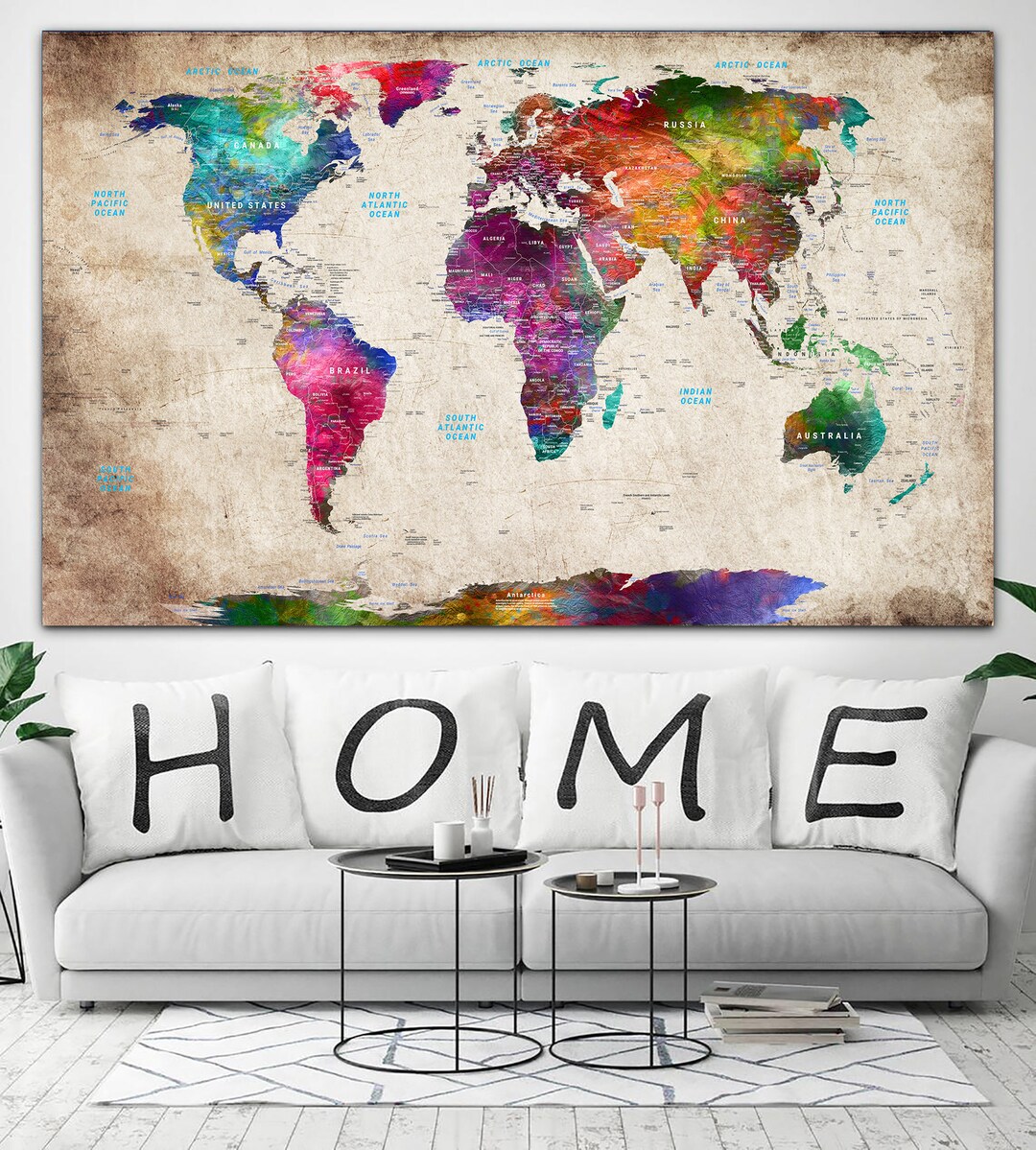 Colorful Large World Map Print on Canvas Geographical Map of the World ...