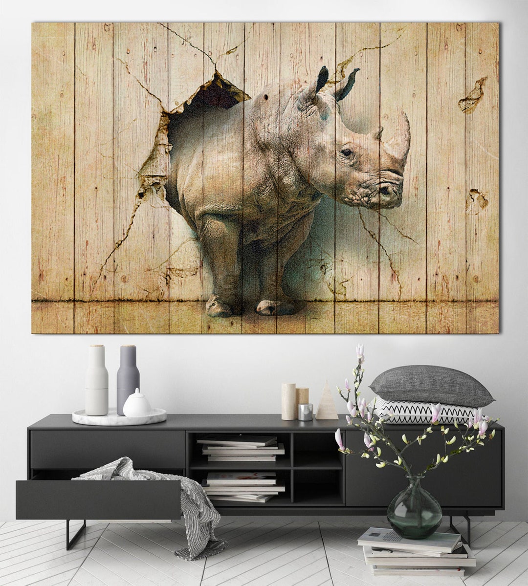 3D Illusion Rhinoceros Wall Art Photorealistic Rustic Rhino Breaking ...