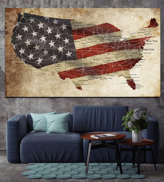 USA Map Wall Art States Flags Of USA Map Multi Panel Print Wall Decor ...