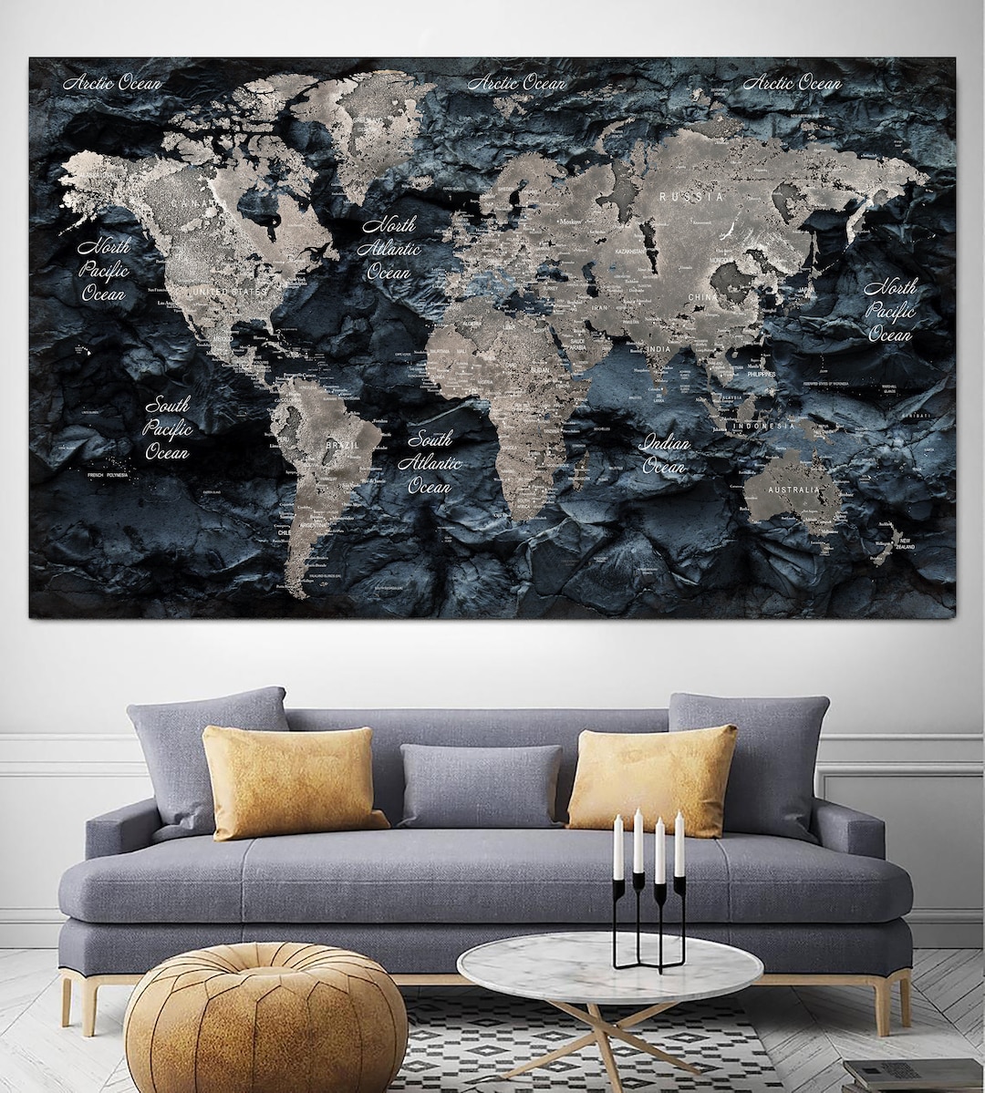 Original World Map Canvas Wall Art Black Wanderlust World Map Multi ...