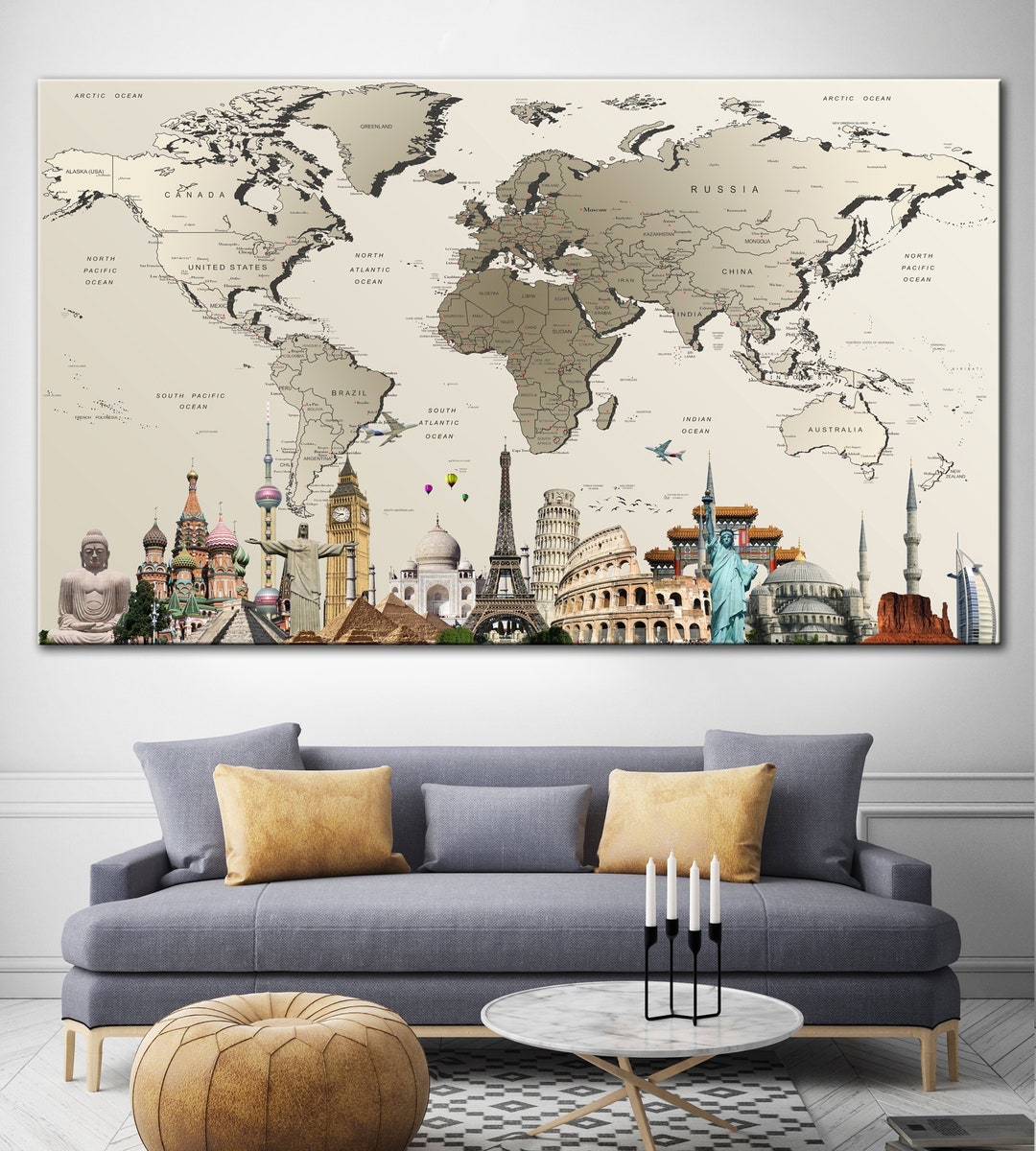 Multi Panel World Map Wall Art Decor Silver World Map Print World Map ...