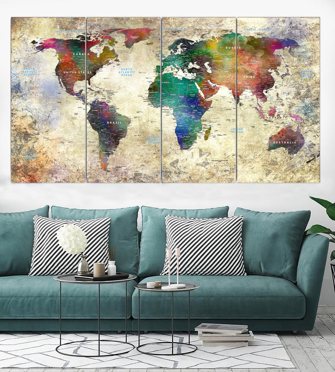 Antique-style Textured World Map Print Quadriptych Multicolored Vintage ...
