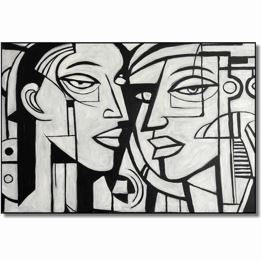 Large Black and White Abstract Face Art Bold Cubist Portrait Painting ...