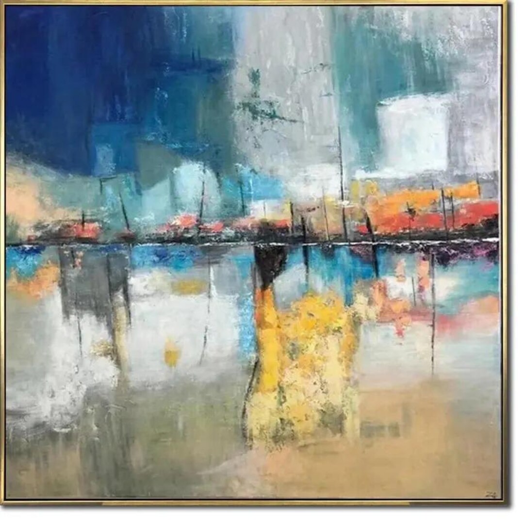 Large Abstract Acrylic Cityscape Canvas Vibrant Skyline Reflection ...