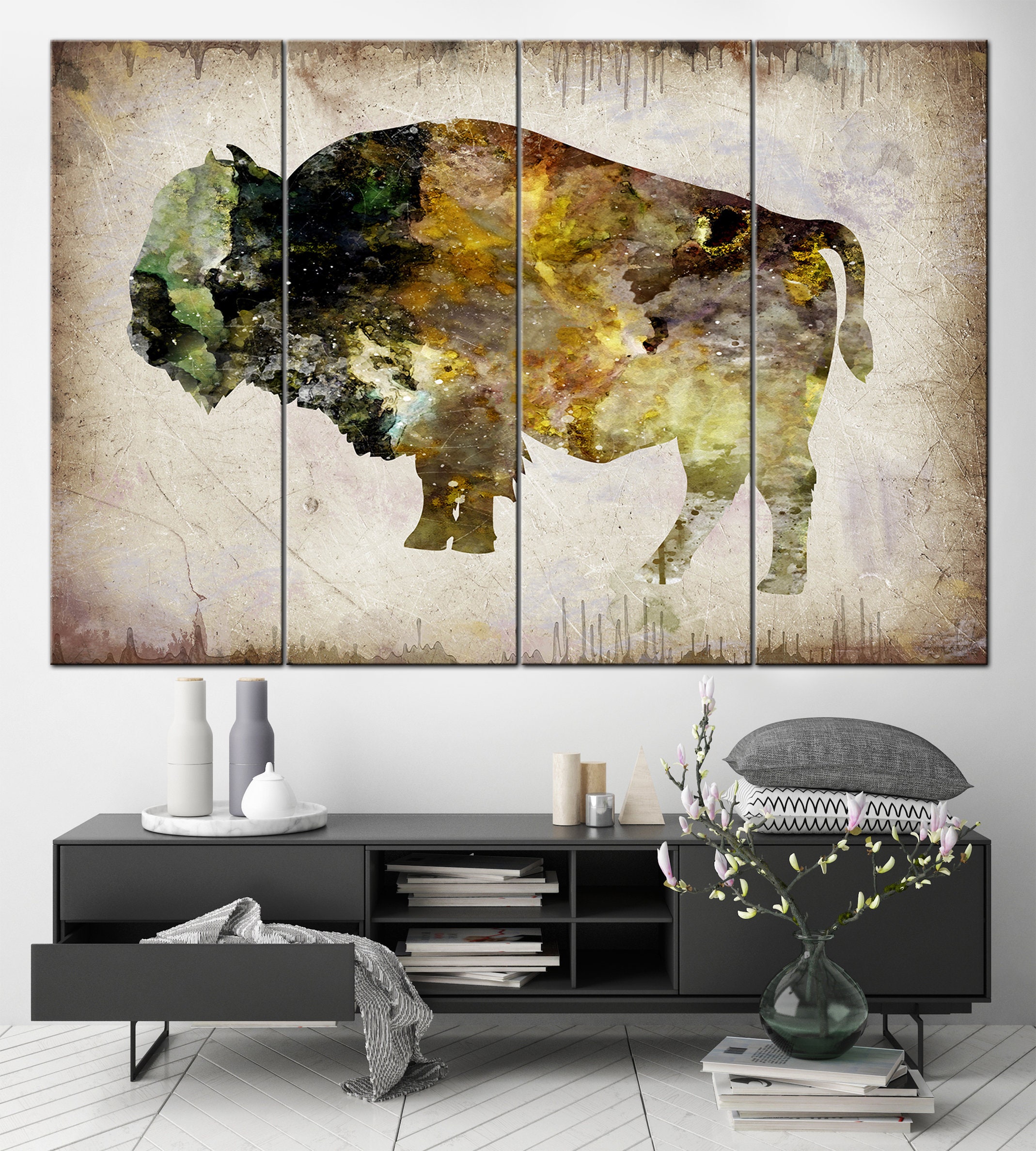 Buffalo Art Print On Canvas Woodland Abstract Animal Wall Art | Etsy