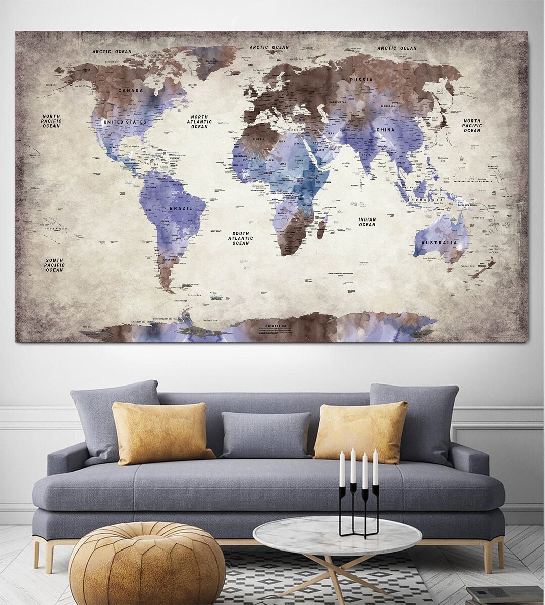 Vintage Style World Map Canvas Wall Art Travel Map of the World Print ...