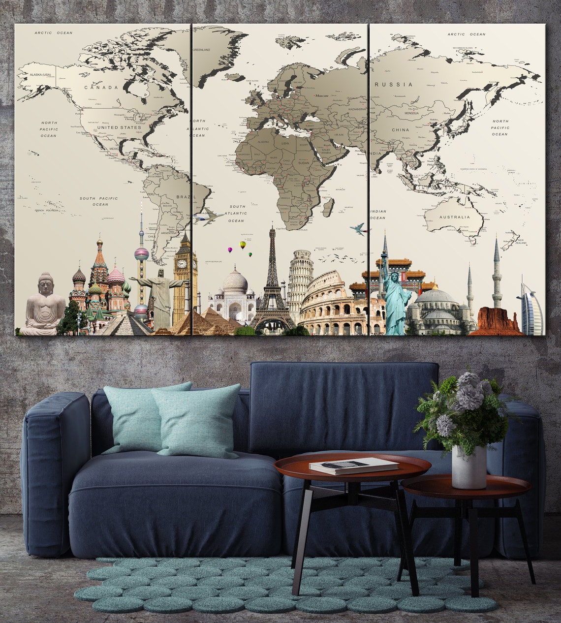 Multi Panel World Map Wall Art Decor Silver World Map Print | Etsy