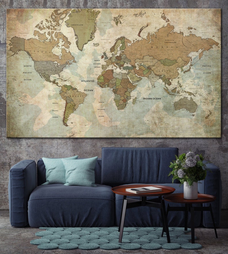 Detailed World Map Canvas Map Print Large World Map Canvas | Etsy