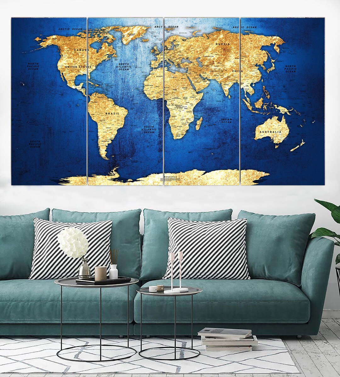 Elegant Blue and Gold World Map Triptych Modern Minimalist Cartographic ...