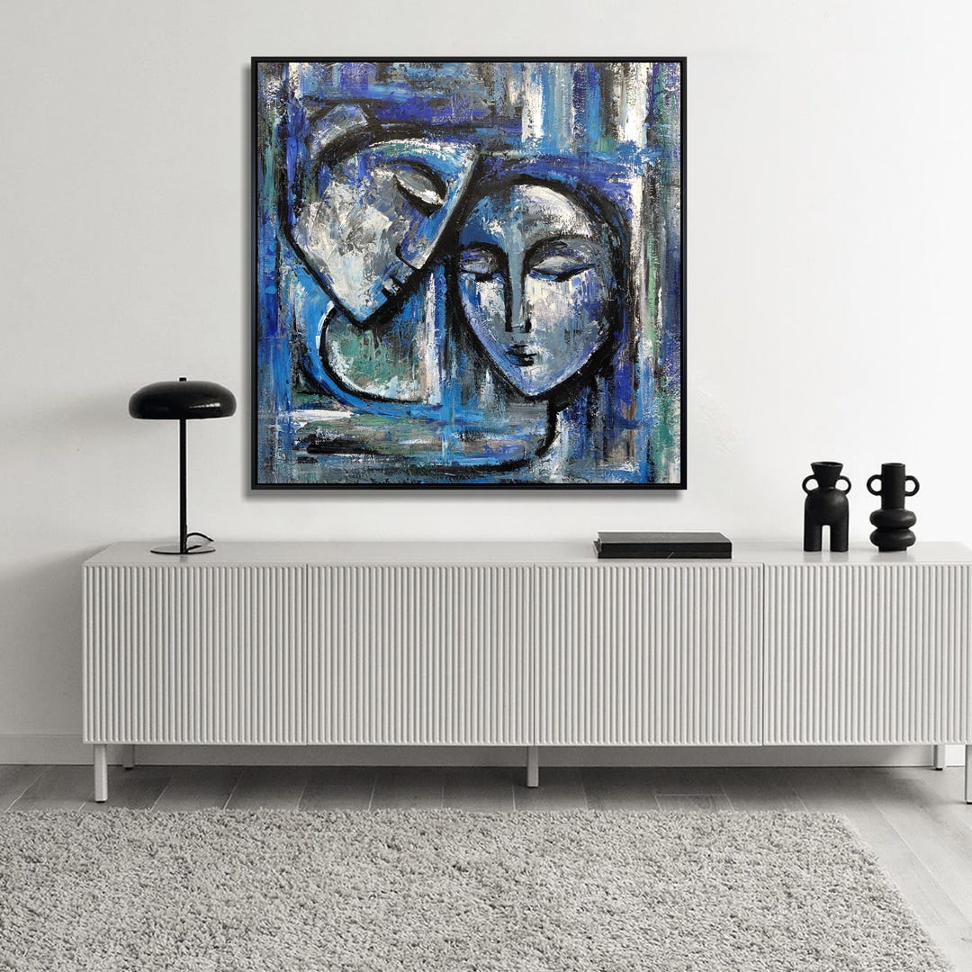 Large Abstract Blue Faces Painting – Textured Modern Figurative ...