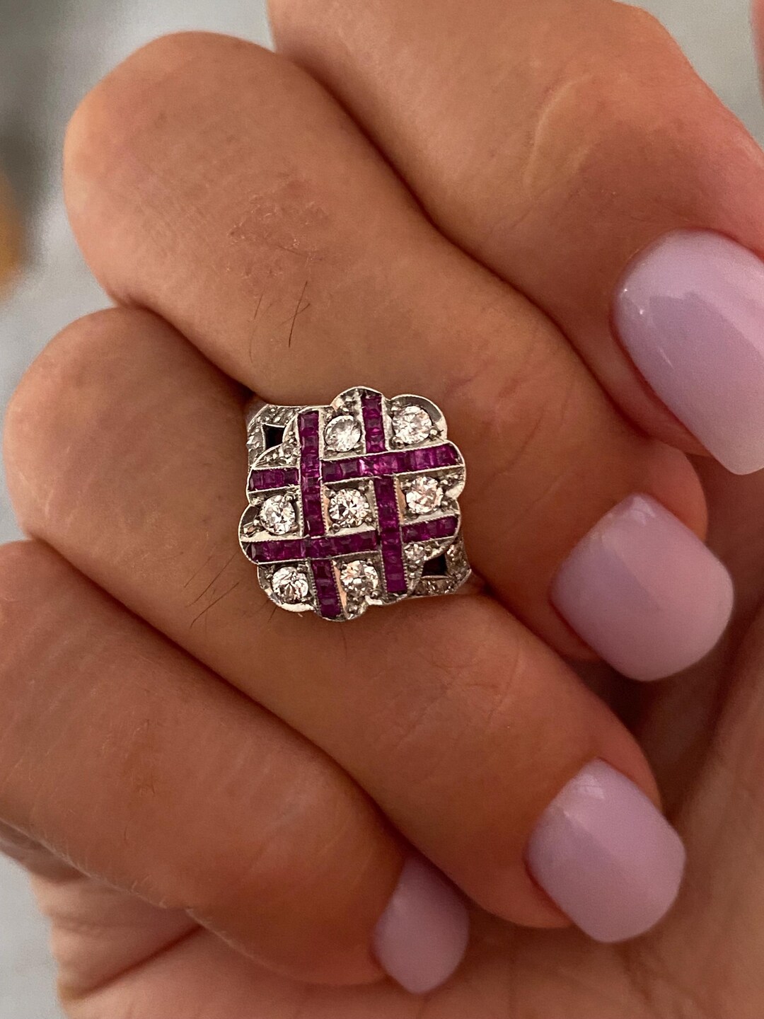 Antique Edwardian Ruby Diamond Ring, Platinum 18K Gold, Lattice Design ...