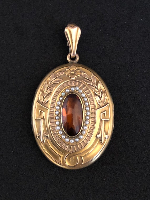 ANTIQUE ART NOUVEAU Large Rolled Gold Amber and Pearl Locket | Etsy