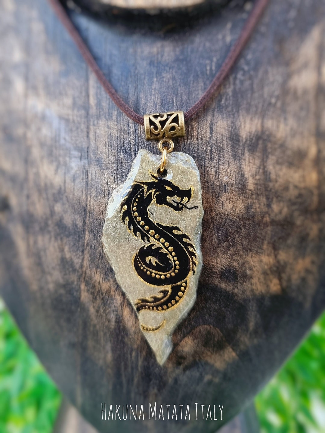 Hand Painted Dragon Necklace on Natural Stone. Golden Dragon Pendant ...