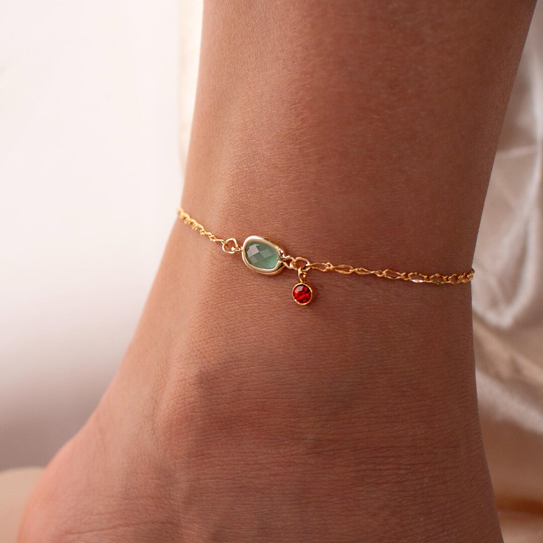Color Gemstone Birthstone Anklet: Gold-plated Adjustable Ankle Bracelet ...